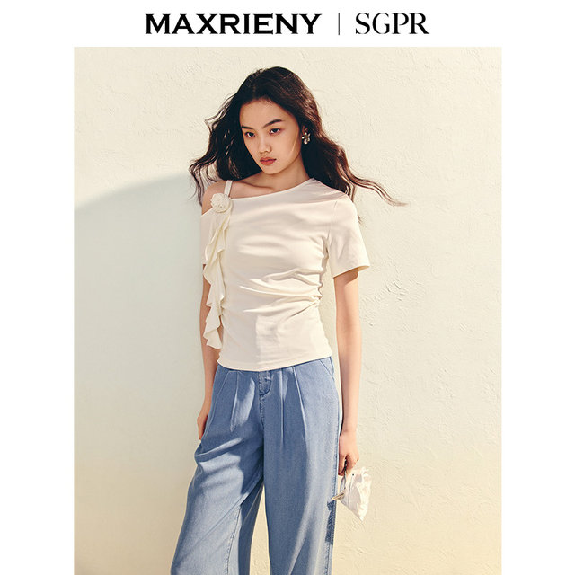 MAXRIENY romantic and elegant slanted neck T-shirt for women 25 summer ...
