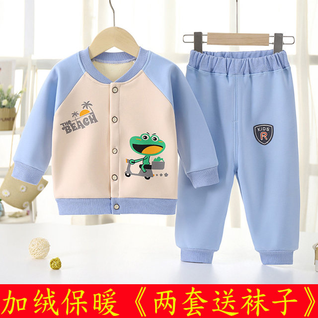 Baby baseball suit plus velvet warm clothes men and female baby high waist belly pants suits ...