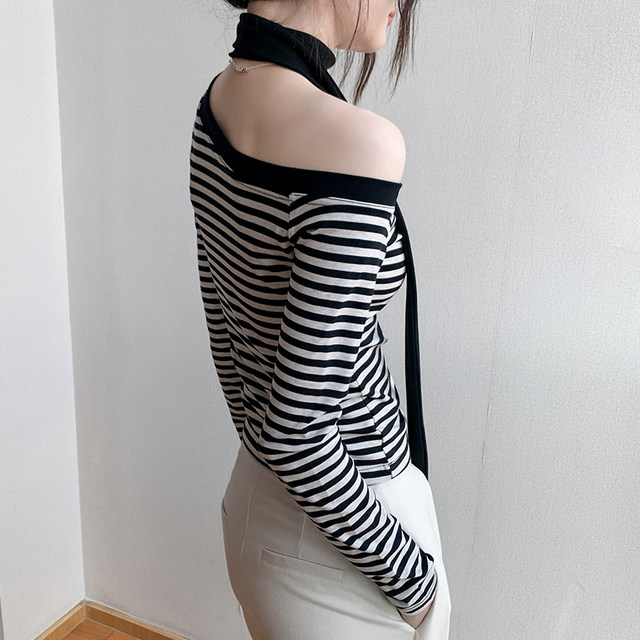 Korean version of slanted neck striped long-sleeved T-shirt for women ...