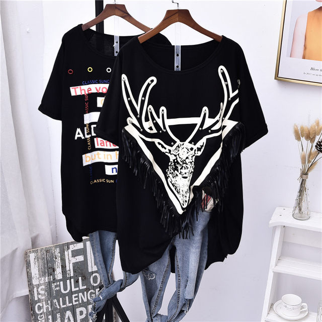 2024 new Korean mid -length loose short -sleeved T -shirt women's net ...