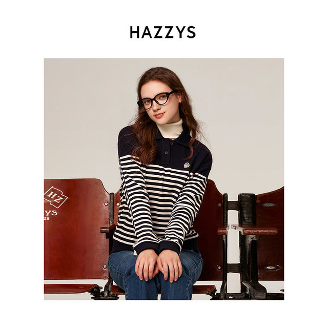 Hazzys Hargis autumn and winter ladies striped lapel long -sleeved T -shirts casual top female