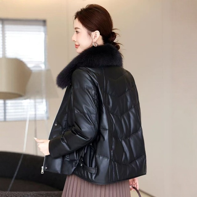Short leather down jacket female 2024 winter new Korean version of the ...