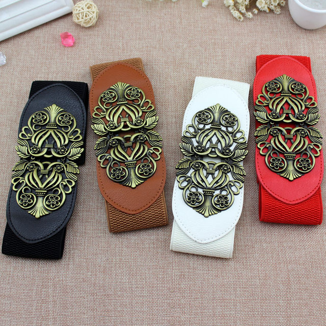 Women's elastic belt retro palace carved decorative girdle skirt belt ...
