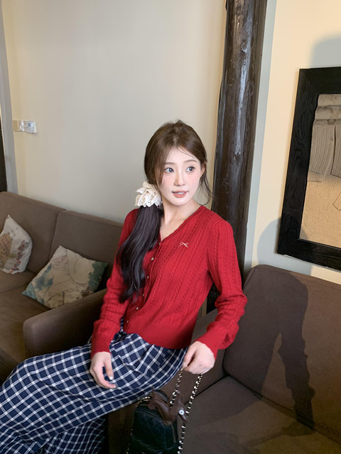 Jamuus Korean retro Angora red twist knit cardigan top female bubble ...