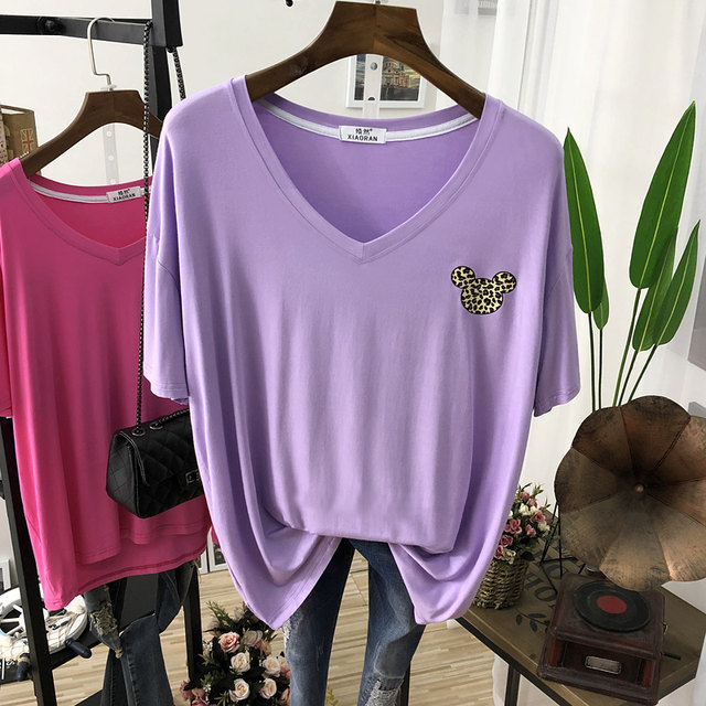 Thin cool ice silk drooping large size V-neck modal t-shirt women's ...