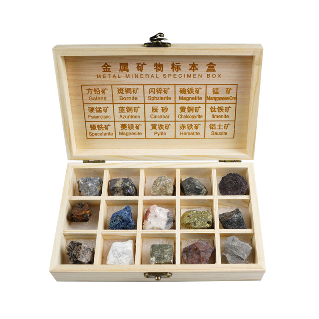 15 kinds of metal ore ore minery crystal wooden box natural rough stone ...