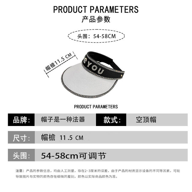 Summer diamond-encrusted straw large brim sun protection empty top hat ...