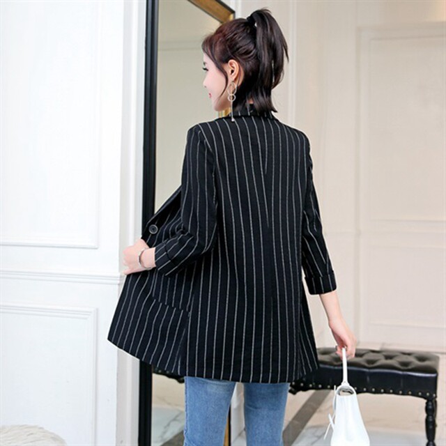 Chic striped seven -point sleeve small suits outer sleeve women medium ...