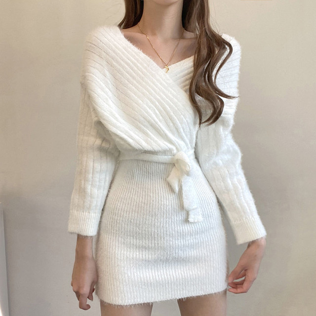 Korean chic elegant French cross V-neck lace-up waist-showing figure ...