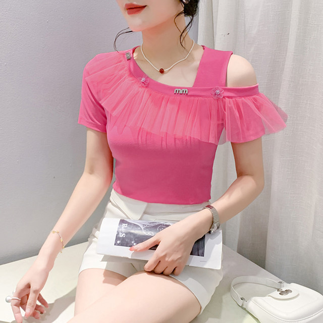 Temperament ruffled mesh gauze stitching girls summer sexy oblique neck short -sleeved short ...