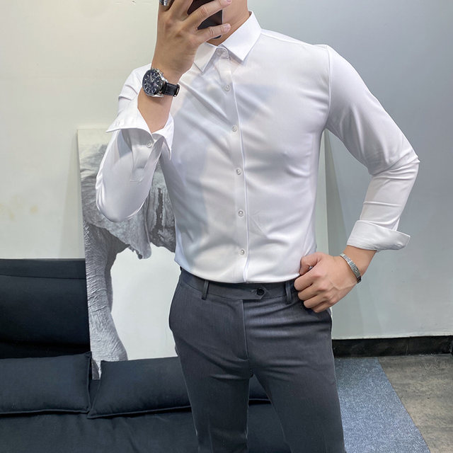 Men's spring new versatile shirt long -sleeved slim -fitting trendy ...