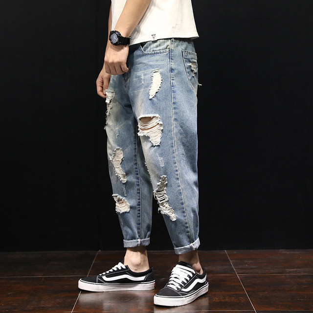 Summer thin ripped nine-point jeans men's large size ragged holes ...