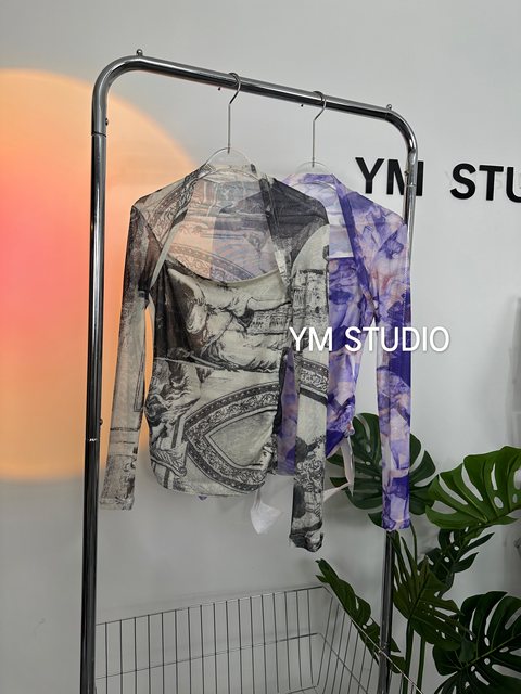 AW2023 new original niche ink printing pleated floral elastic base top ...