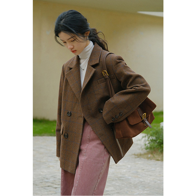 Loose retro brown checkered hairy woolen jacket female wool short ...