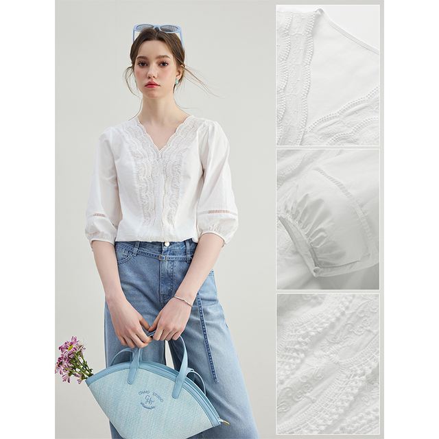 White shirt women's French lace shirt KBNE 2025 summer new high-end fashionable top unique shirt