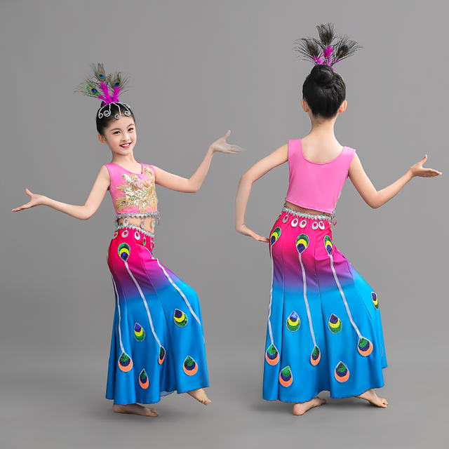Yunnan ethnic costume Dai peacock dance clothes hip-pack stage wear breathable fish tail skirt ...