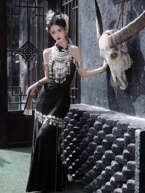 Miaojiang cheongsam dress high-end black stage show ethnic style Miao costume female Dai Tujia new