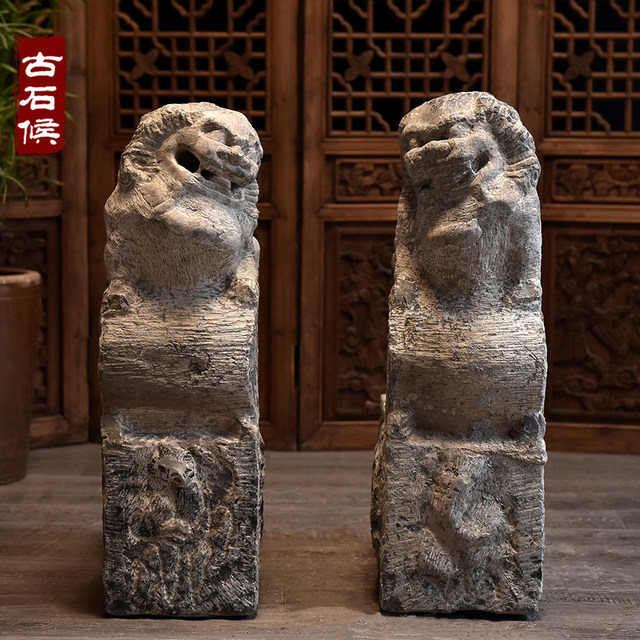 Gate pier holding drum stone pier old stone carving small stone lion ...