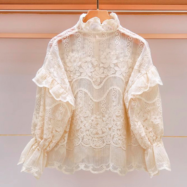 Sweet girl lace shirt top for women 2025 spring new lace stand collar ...
