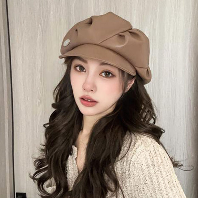 PU leather cloud octagonal hat women's retro temperament beret spring ...