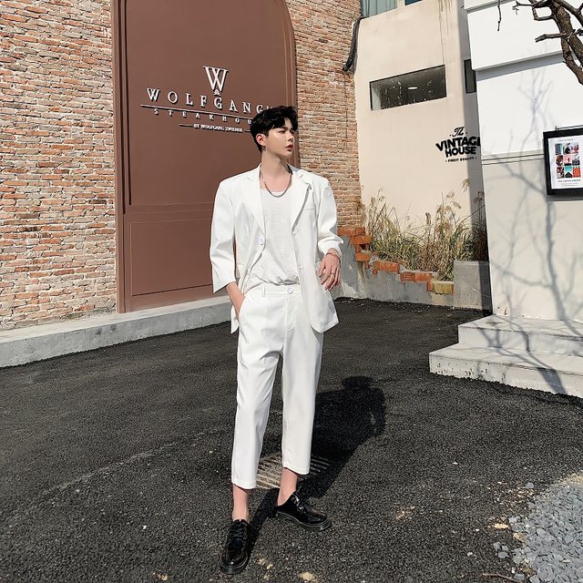 Korea Ulzzang Men's handsome white suit shirt thin seven -point sleeve ...