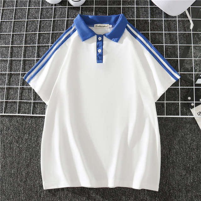 Summer couple wear blue and white striped college style lapel polo ...