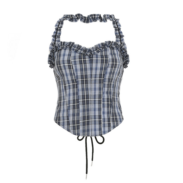 FUNOFF French blue plaid harness strap halter neck strap vest retro ...