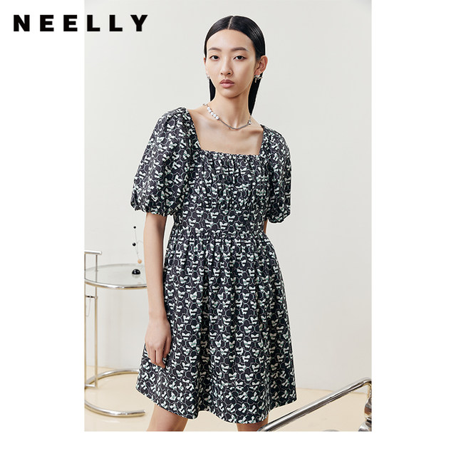 NEELLY Nali's elegant printed square collar dress for women's puff ...