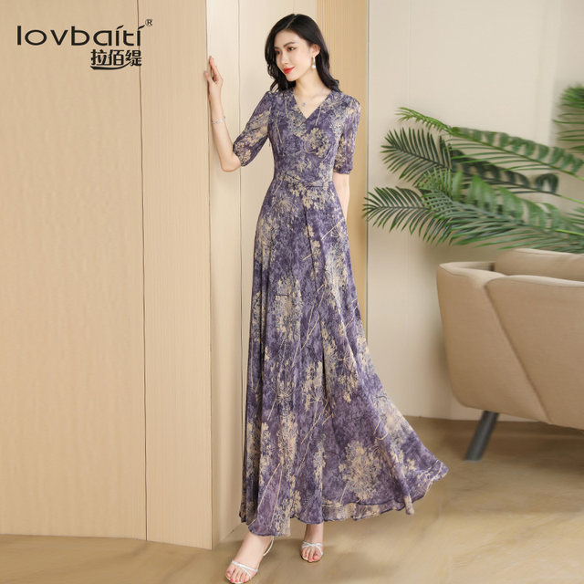 Ink purple flower dress women's summer new slim waist high-end mid ...