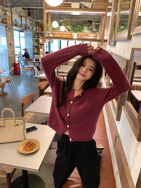 ALEX raspberry color wool short knitted cardigan female spring and ...