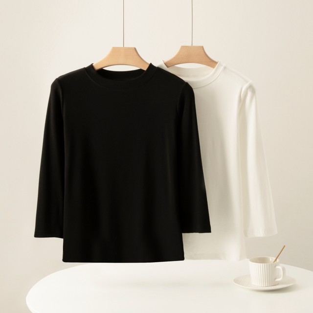 Female spring and autumn thread cotton seven -point sleeve round neck T ...