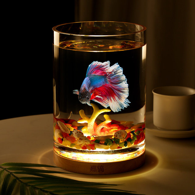 Creative betta fish tank round glass office desk small desktop guppy ...