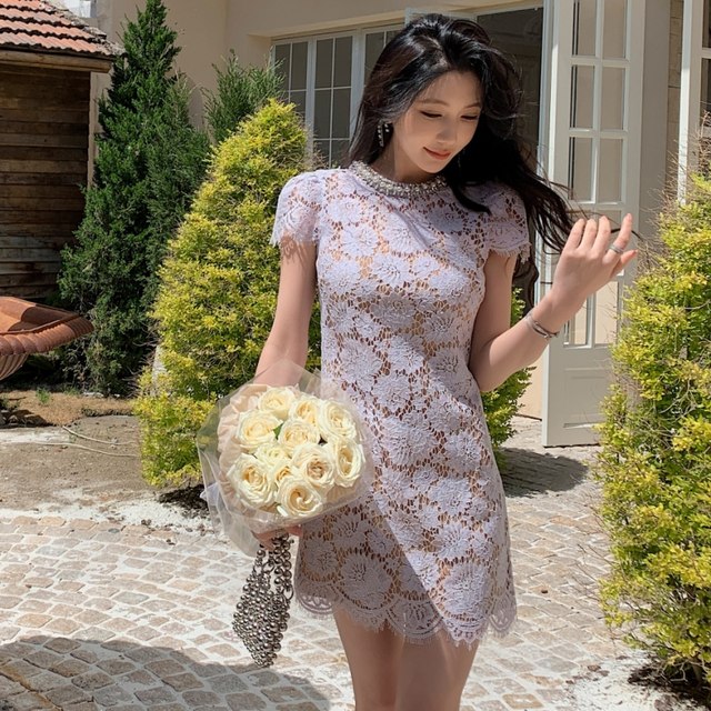 Taro purple lace short-sleeved round neck temperament beautiful dress ...