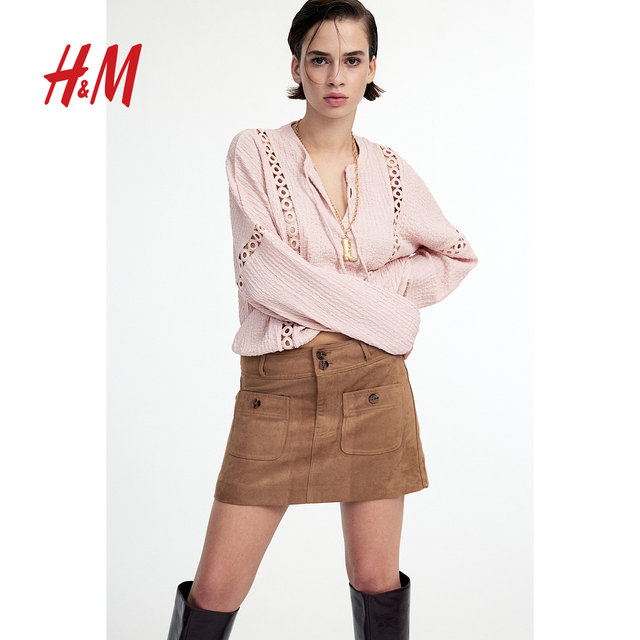 HM Women's Clothing 2025 Autumn New Lace Inlaid Wrinkle Top 1277899