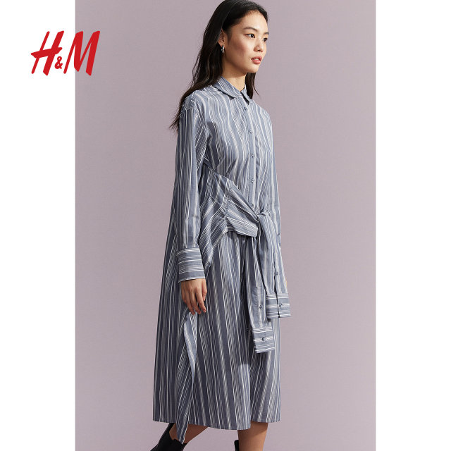 HM women's dress autumn casual fashion striped lace-up shirt style mid ...
