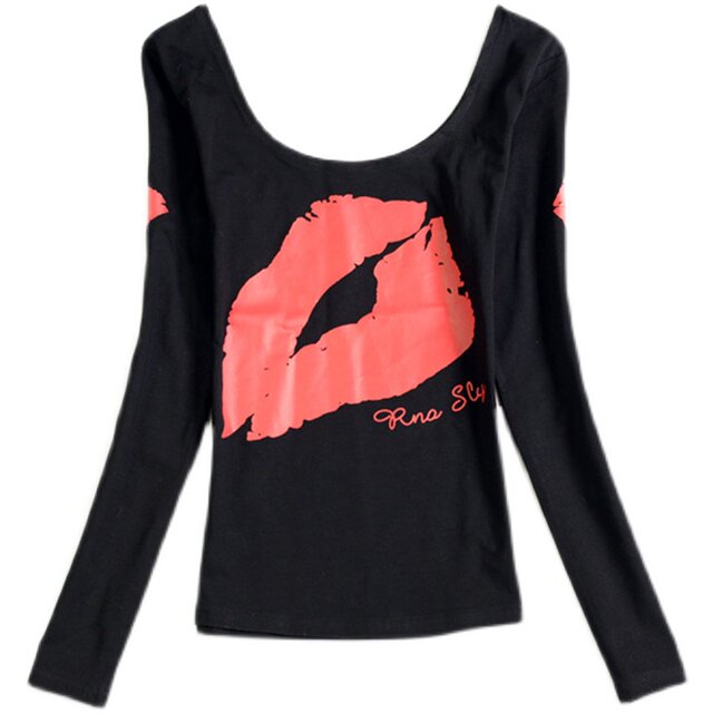 Cotton sexy long -sleeved T -shirt female slim printing U -collar low ...