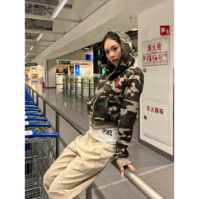 F383 2025 American retro lazy contrasting color camouflage cardigan ...