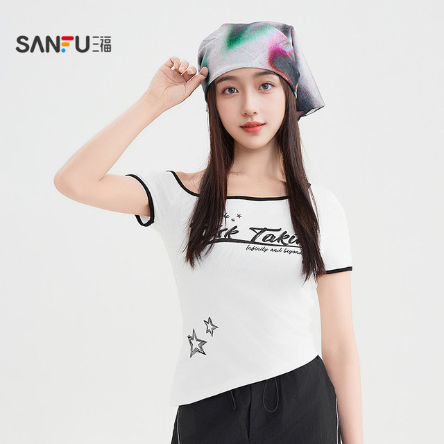 Sanfu T-shirt for women 2025 new summer American printed off-shoulder ...