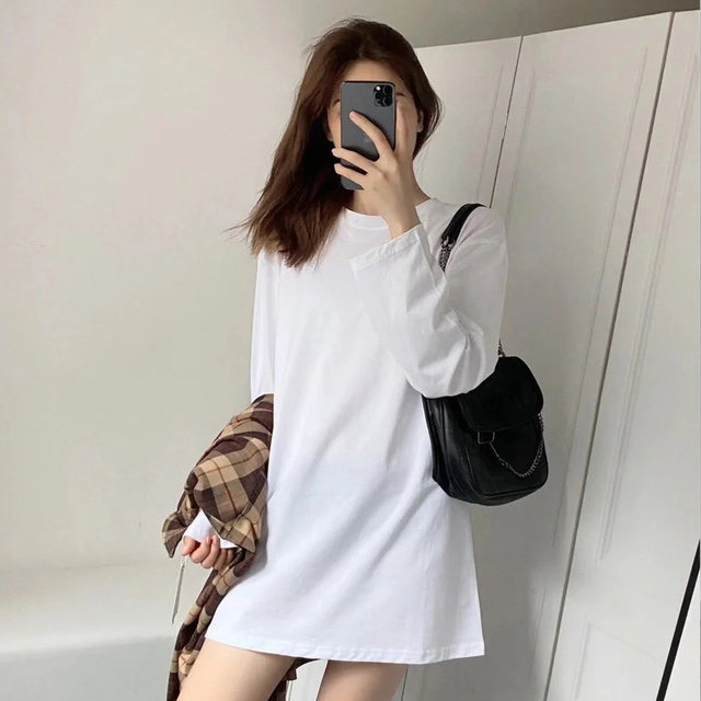 2024 new white pure cotton long -sleeved T -shirt women spring mid ...