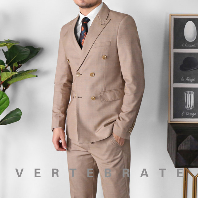 Vertebrates men's double -ribs dual -ribs buckle khaki gentleman suit ...