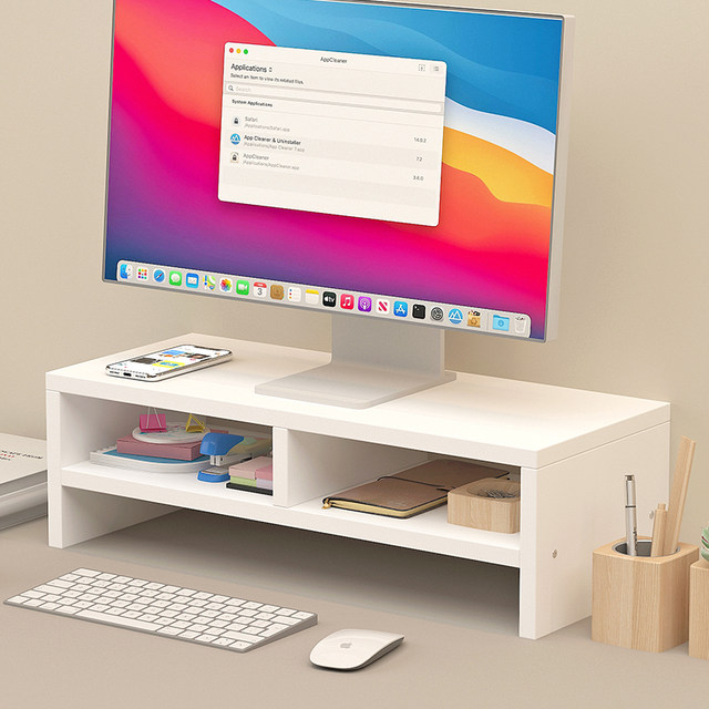 Computer monitor screen elevated shelf raised base desktop keyboard ...