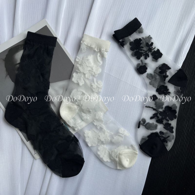 Dongdongyao Black Flower Glass Silk Socks Women's Summer Ultra-Thin ...