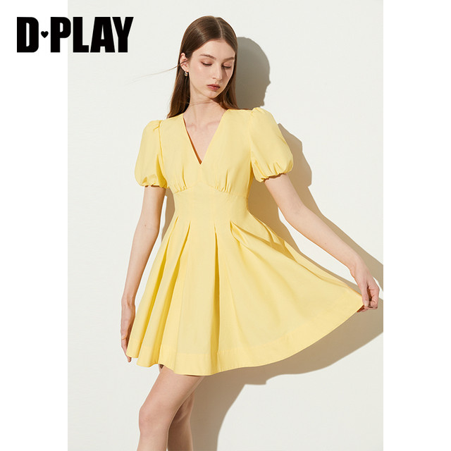 DPLAY summer temperament French v-neck yellow short-sleeved split ...