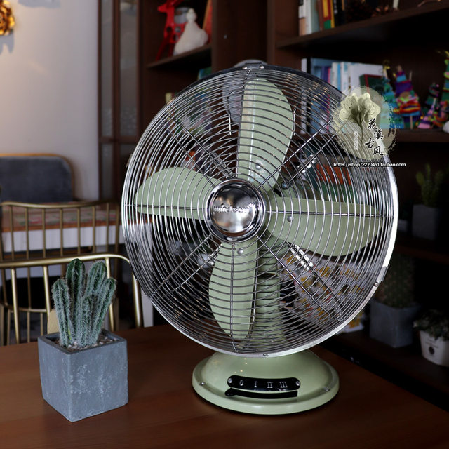 Retro table fan Light green household living room shakes his head and ...