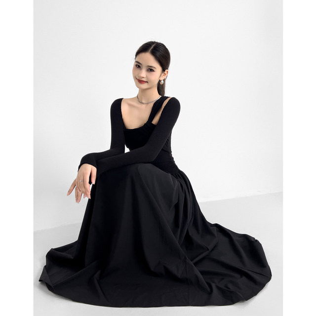 Lazy wind camisole dress women's design sense oblique shoulder hollowed ...