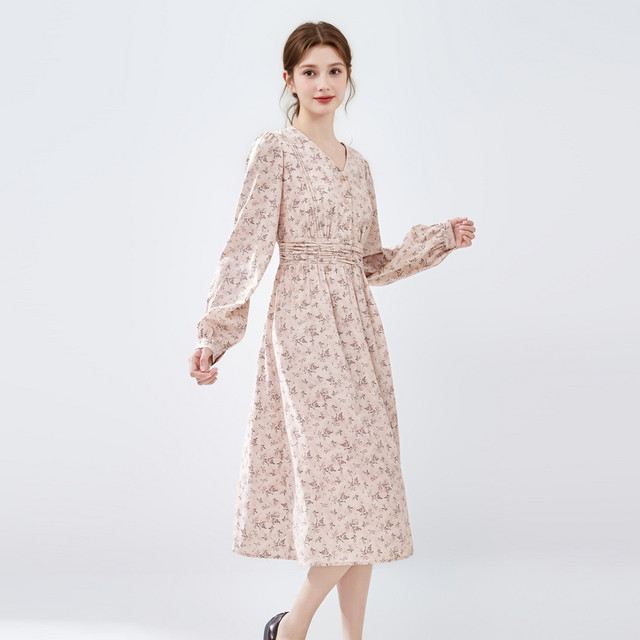 Qiushui Yiren temperament V-neck floral long-sleeved dress 2025 autumn ...