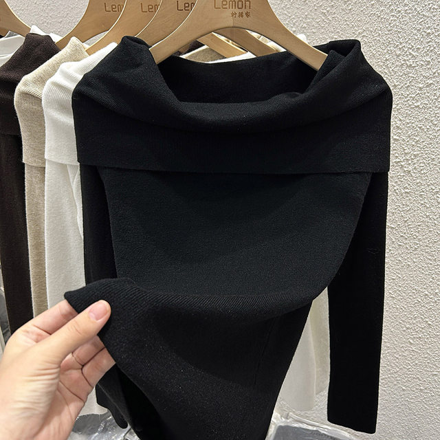 2024 Autumn, one word -collar exposed shoulder needle knitwear female ...
