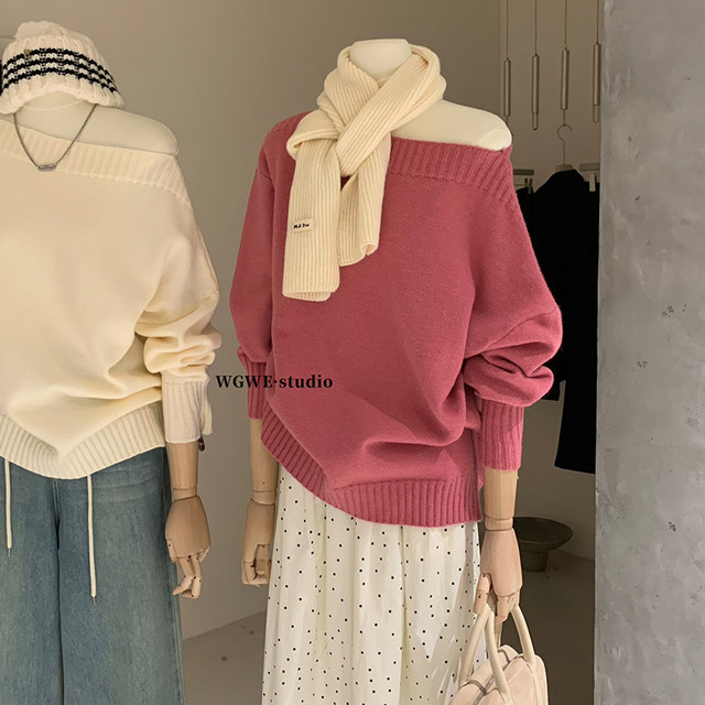 2024 autumn and winter one word collar oblique shoulder sweater female ...