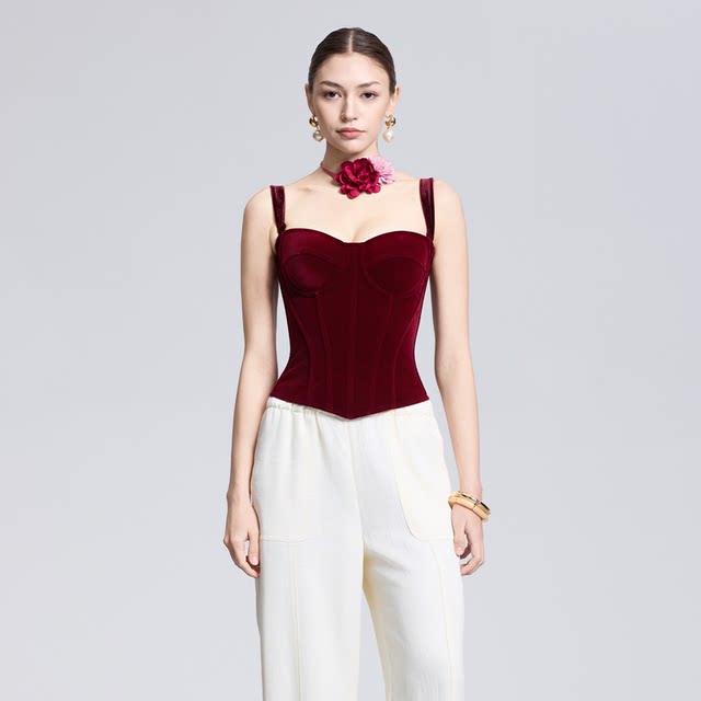CORSELET deep jujube red Ni Ni blue velvet French fish bone corset ...