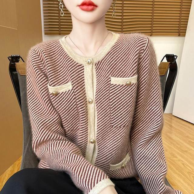 100% pure wool cardigan for women round neck small fragrance style ...